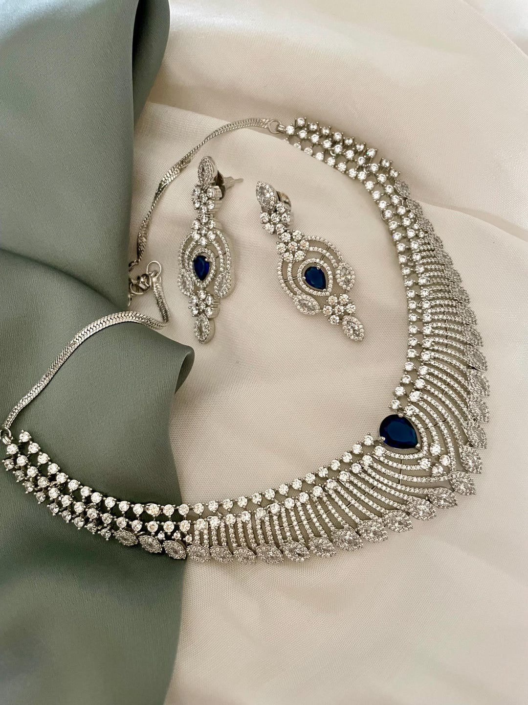 Sapphire Blue Diamond Set/american Diamond Set/cz Set/cocktail Necklace ...