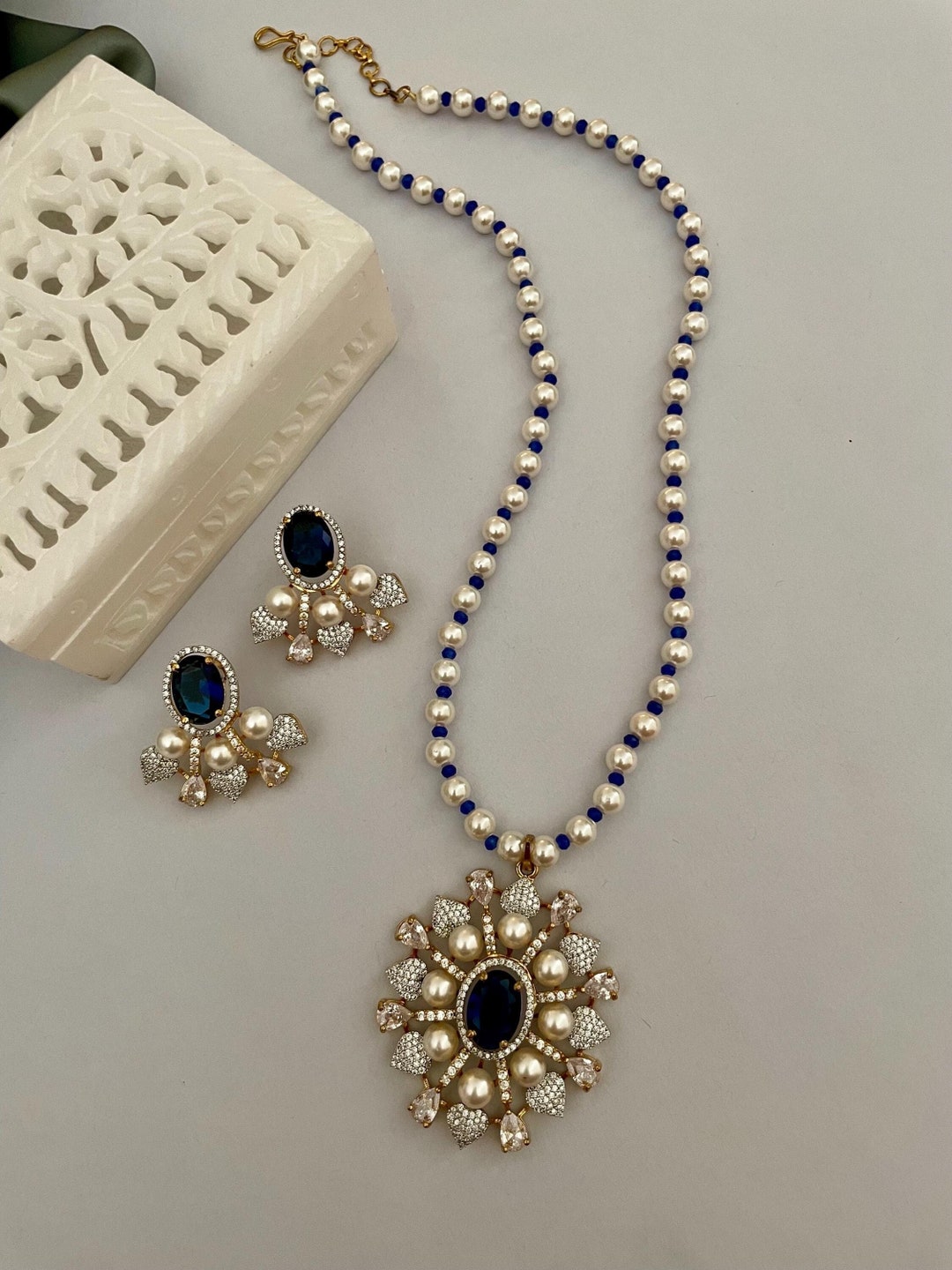 Sapphire Blue Diamond Set/american Diamond Set/cz Pendant Set/fine ...