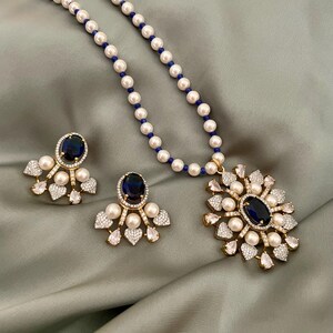 Sapphire Blue Diamond Set/american Diamond Set/cz Pendant Set/fine ...