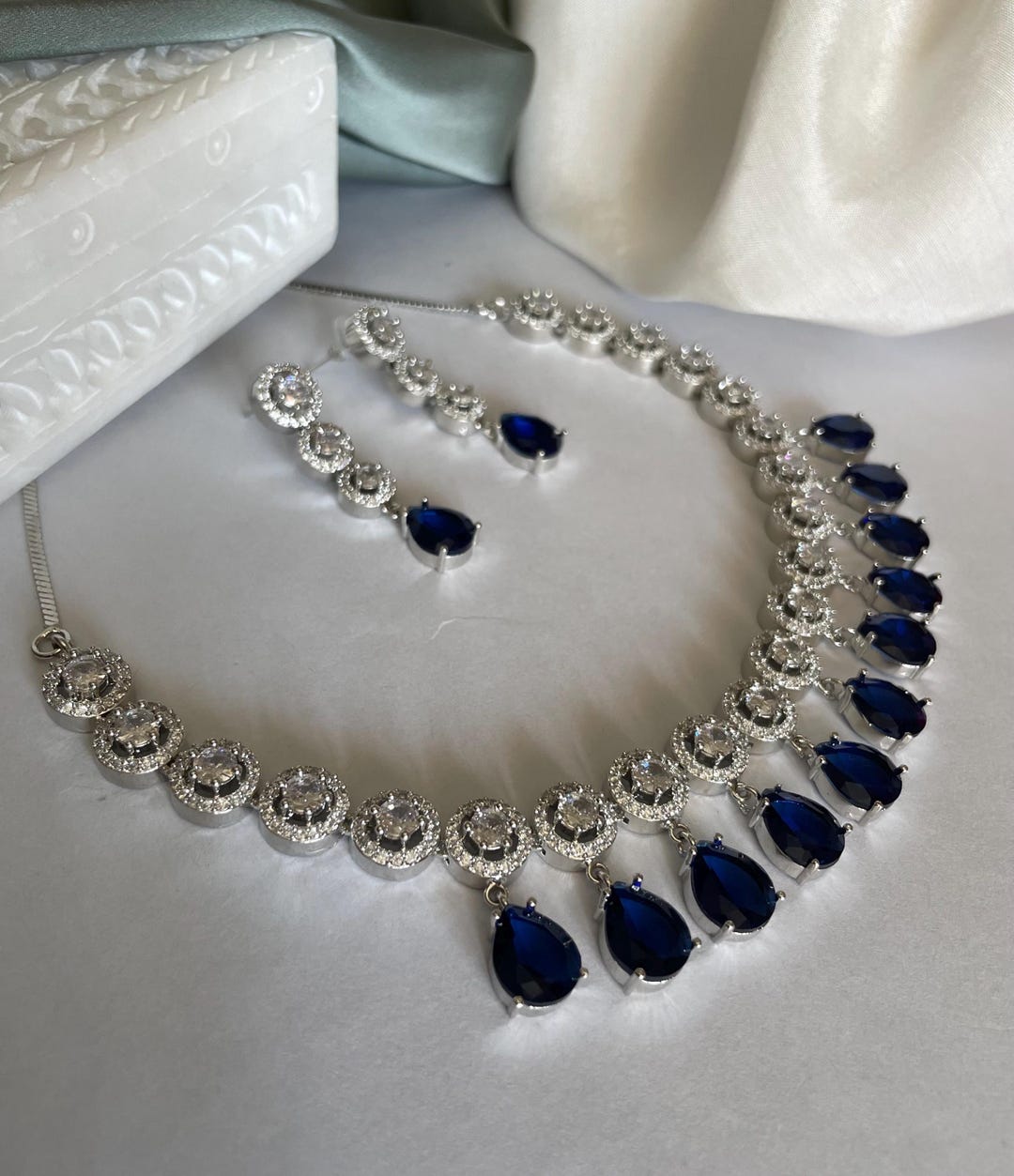 Sapphire Blue Diamond Set/american Diamond Set/cz Set/cocktail Necklace ...