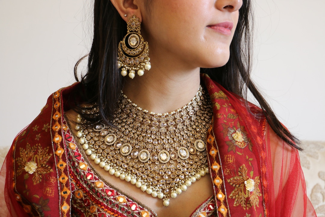 Antique Gold Bridal Polki Jewelry Set/bridal Choker Set/mehndi Polish Bridal Set/polki Necklace ...