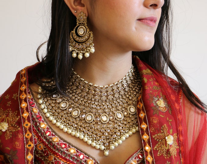 Antique Gold Bridal Polki Jewelry Set/bridal Choker Set/mehndi Polish Bridal Set/polki Necklace ...