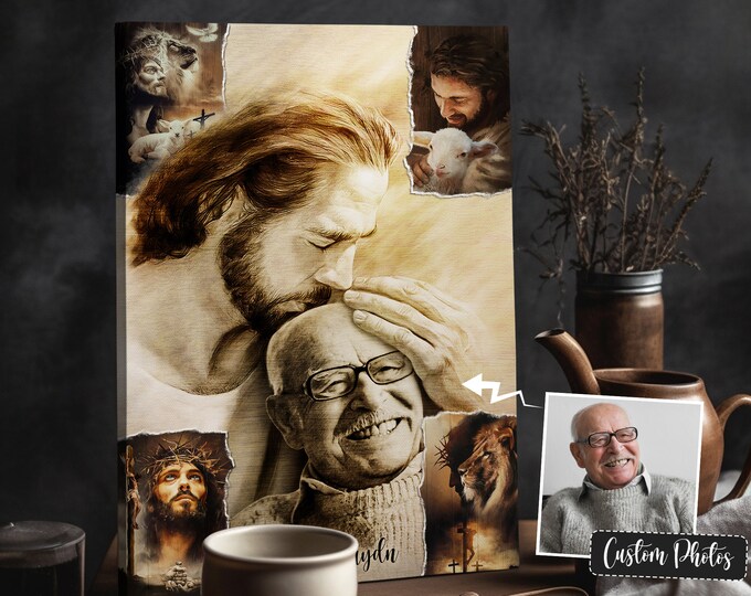 Safe in God Hand, Memorial Canvas, Portrait With Jesus, Loss of Mother ...