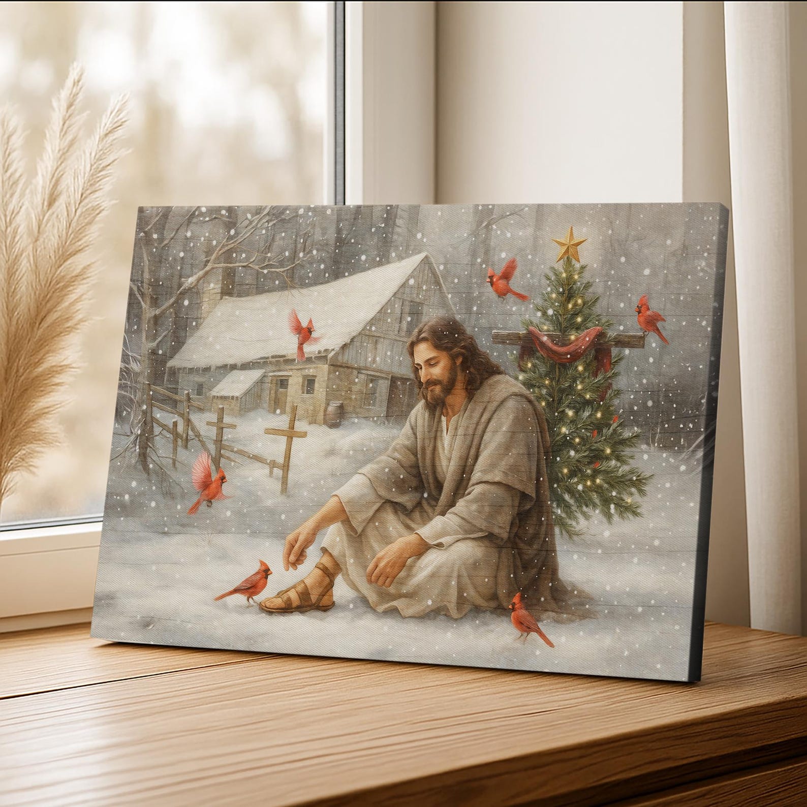 Christmas Cardinal Canvas: Jesus Winter Barn Scene - Faith Memorial Art ...