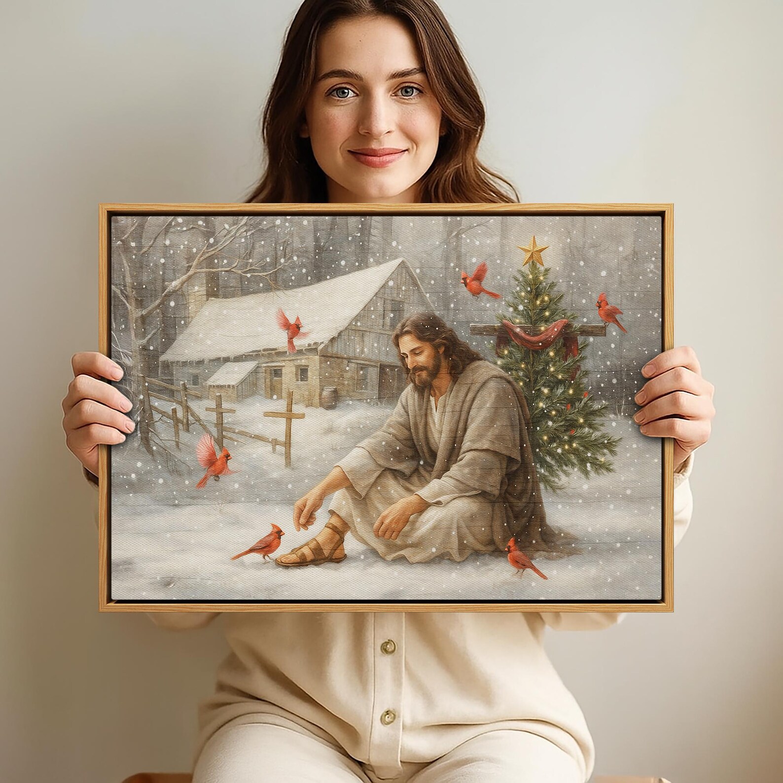 Christmas Cardinal Canvas: Jesus Winter Barn Scene - Faith Memorial Art ...