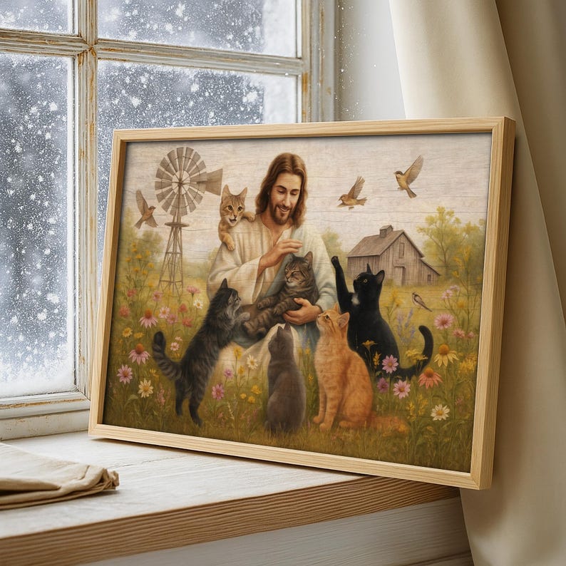 Jesus With Cats Canvas Print: Christian Farmhouse Wall Art - Etsy