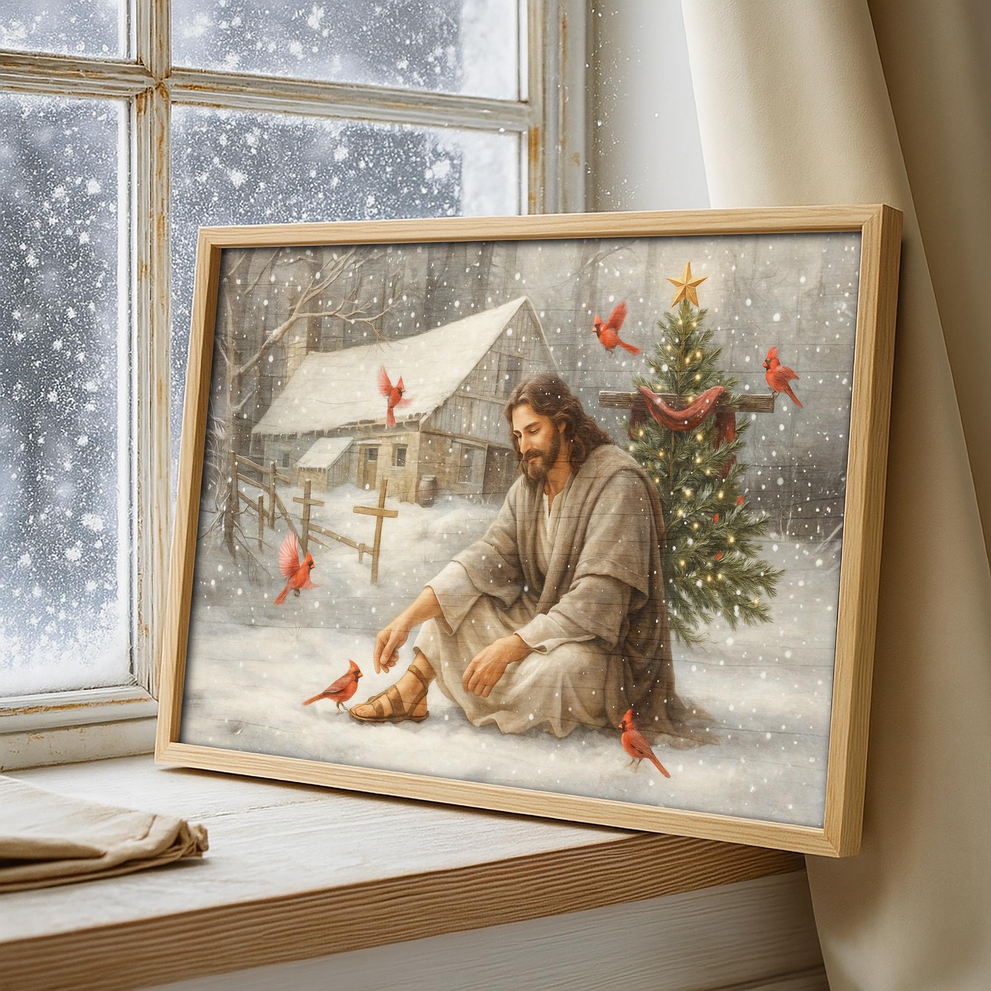 Christmas Cardinal Canvas: Jesus Winter Barn Scene - Faith Memorial Art ...