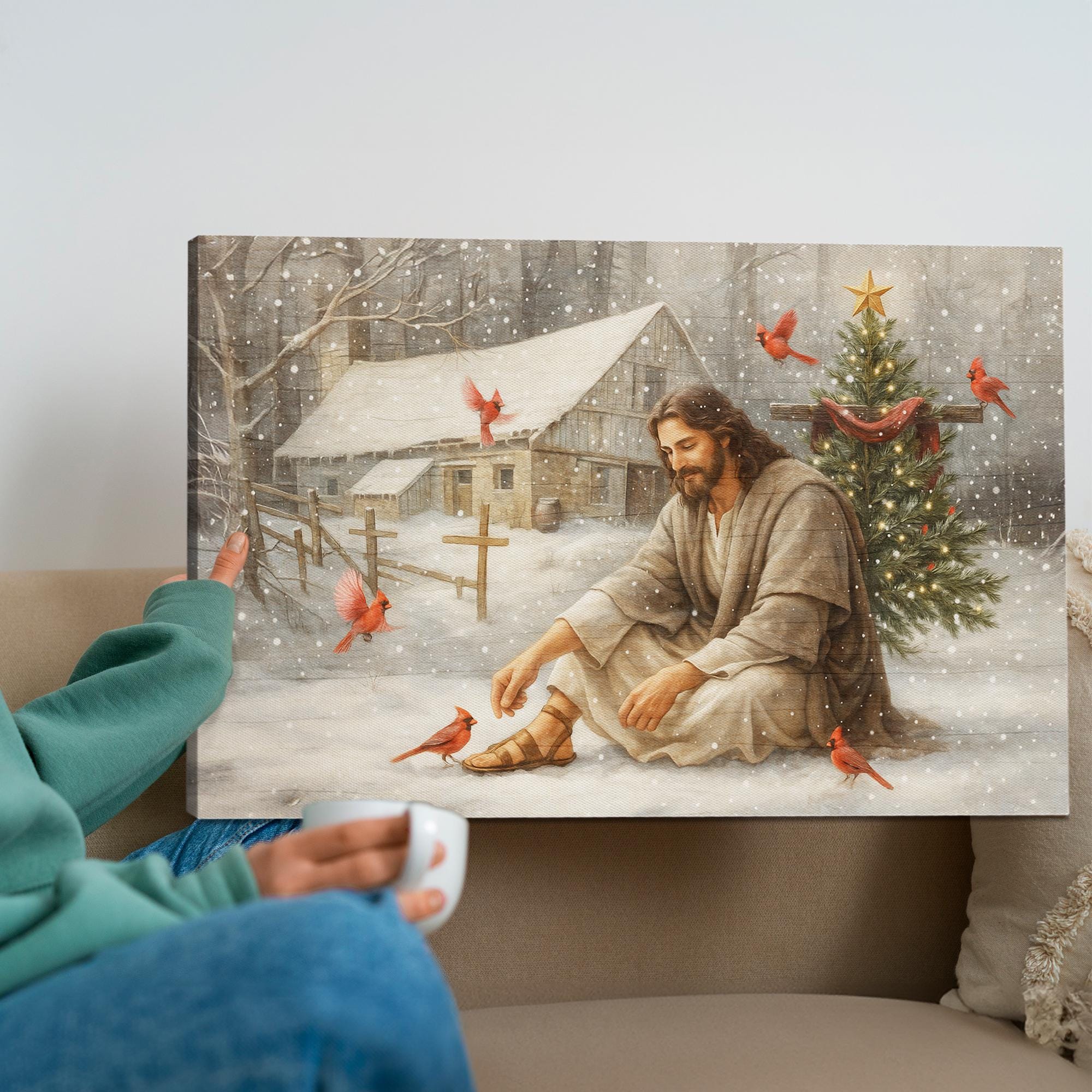 Christmas Cardinal Canvas: Jesus Winter Barn Scene - Faith Memorial Art ...