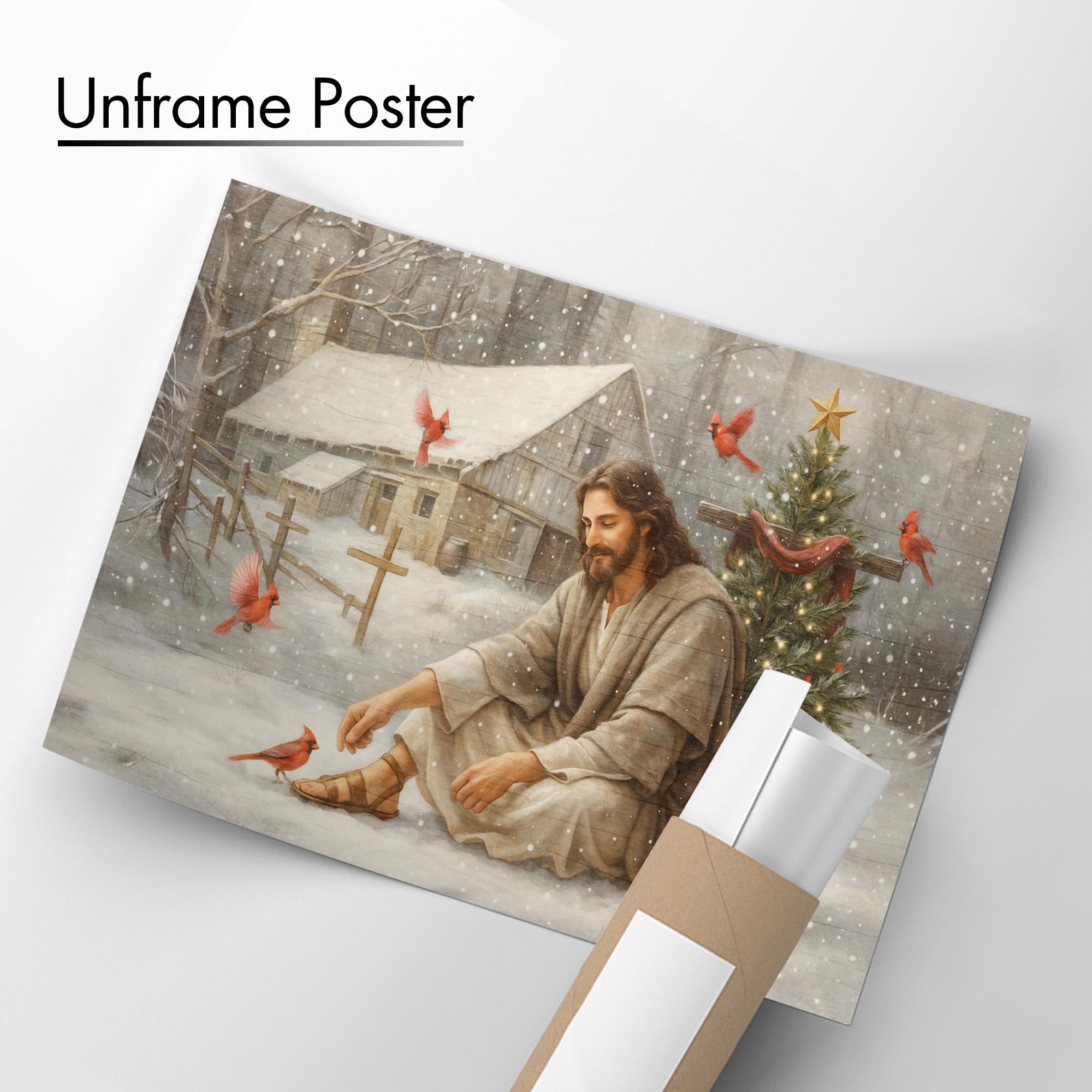 Christmas Cardinal Canvas: Jesus Winter Barn Scene - Faith Memorial Art ...