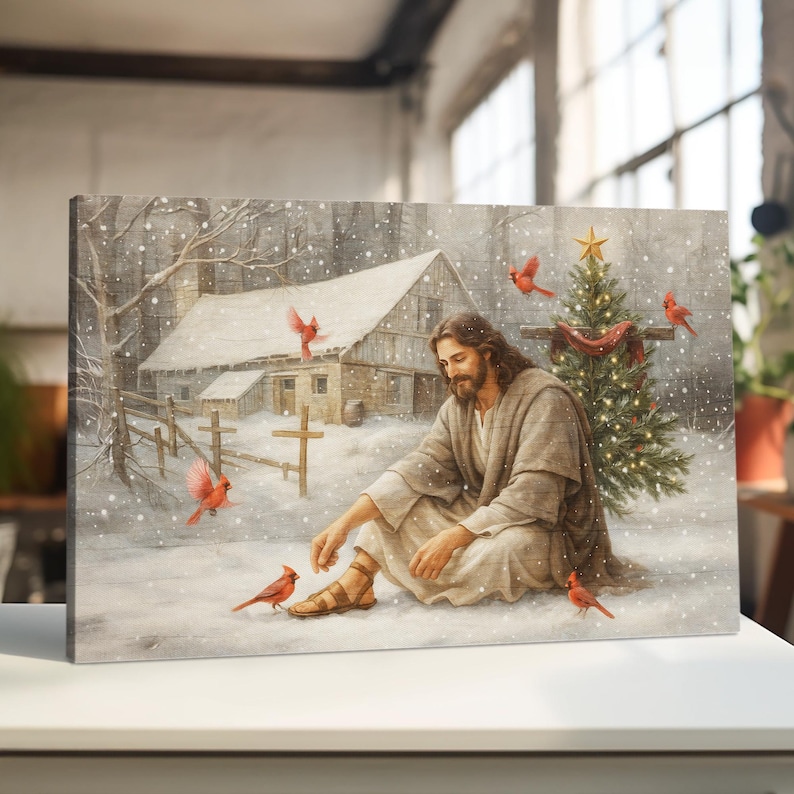 Christmas Cardinal Canvas: Jesus Winter Barn Scene - Faith Memorial Art ...