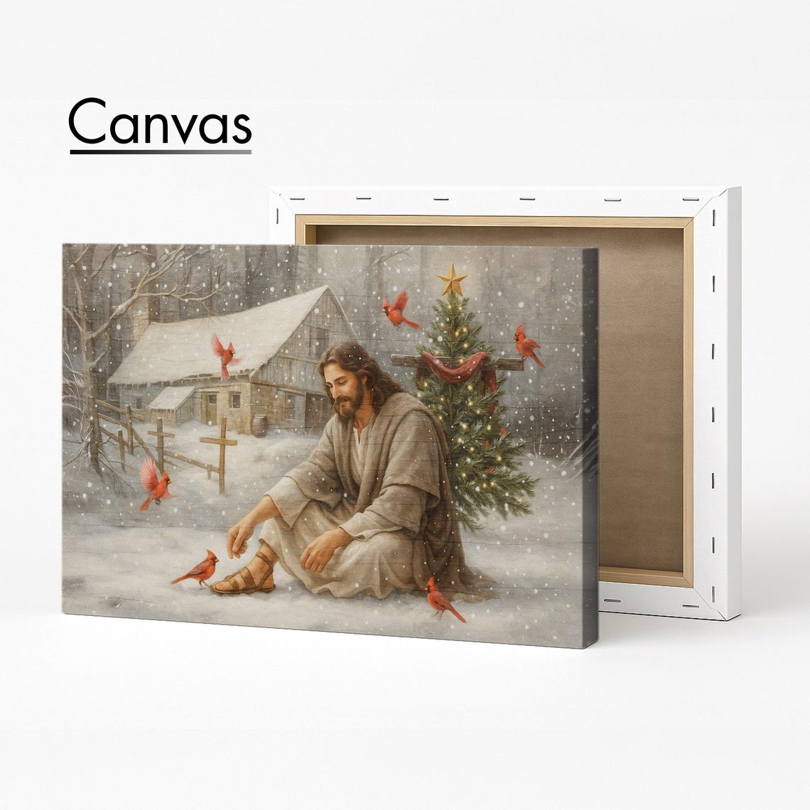 Christmas Cardinal Canvas: Jesus Winter Barn Scene - Faith Memorial Art ...