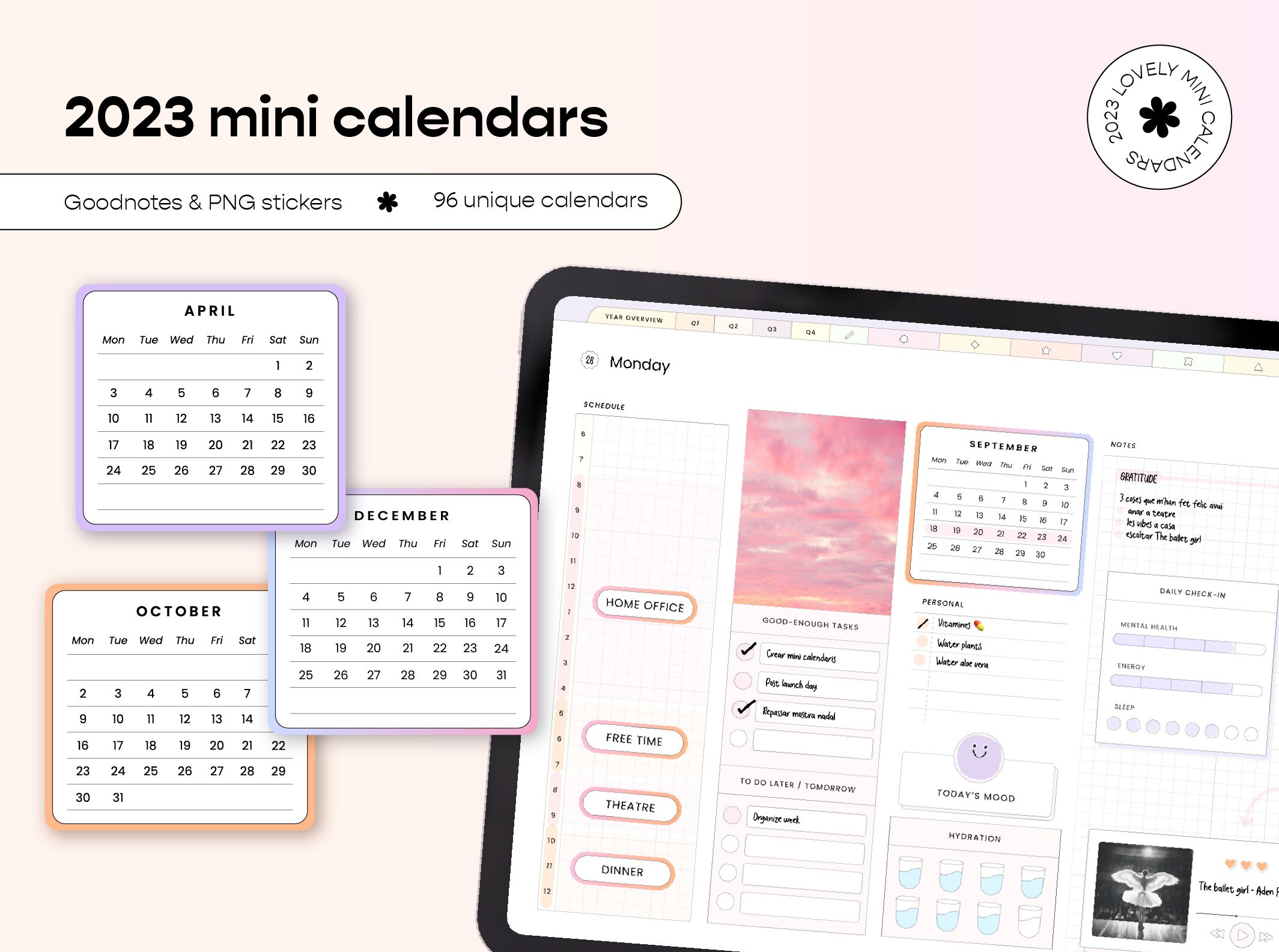 2023 Calendar Stickers, Digital Planner Stickers, Gradient Stickers ...