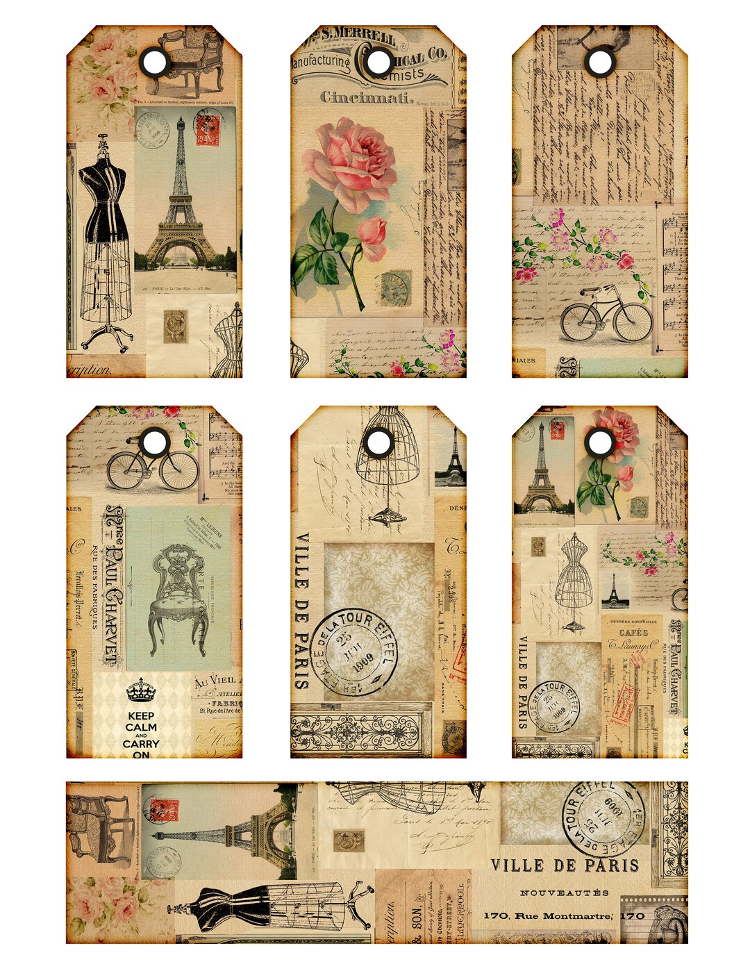 Vintage Paris Ephemera Tags, Printable Junk Journal Collage Kit - Etsy