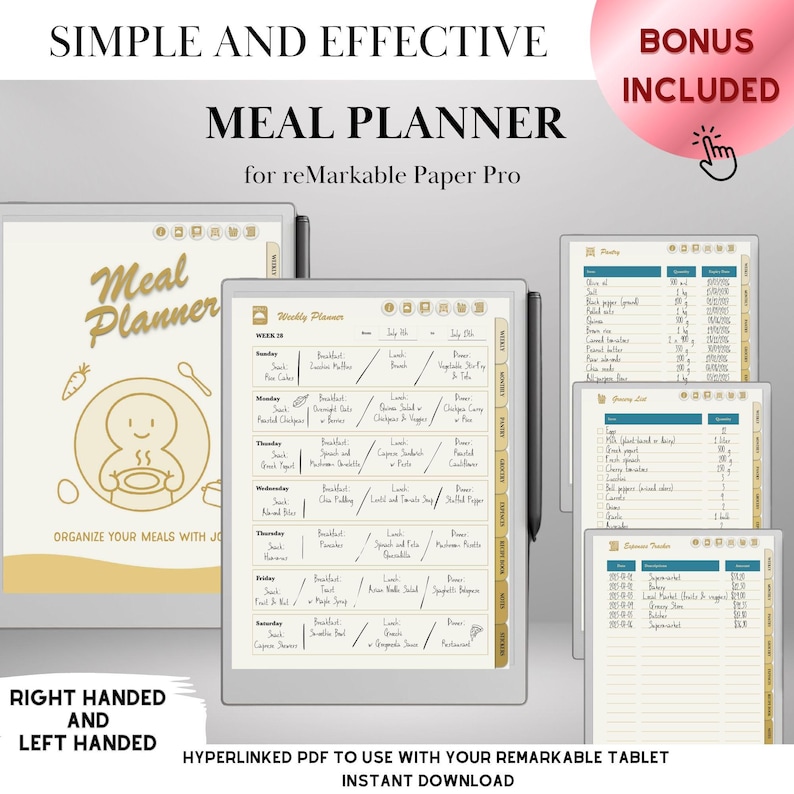 Meal Planner Template for Remarkable Paper Pro Hyperlinked Meal ...