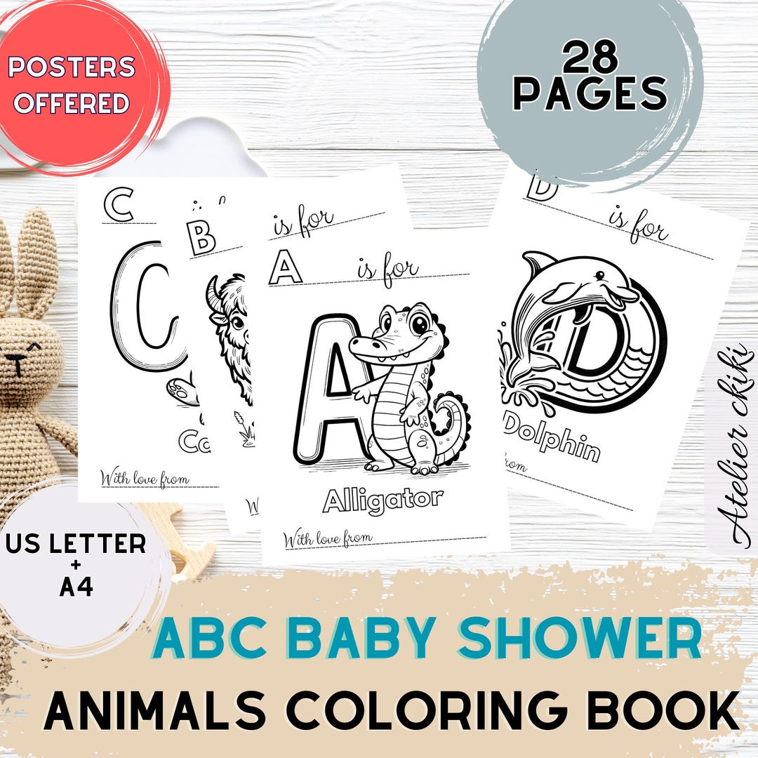 ABC Baby Shower Coloring Book With Cute Animals , Safari Baby Shower ...