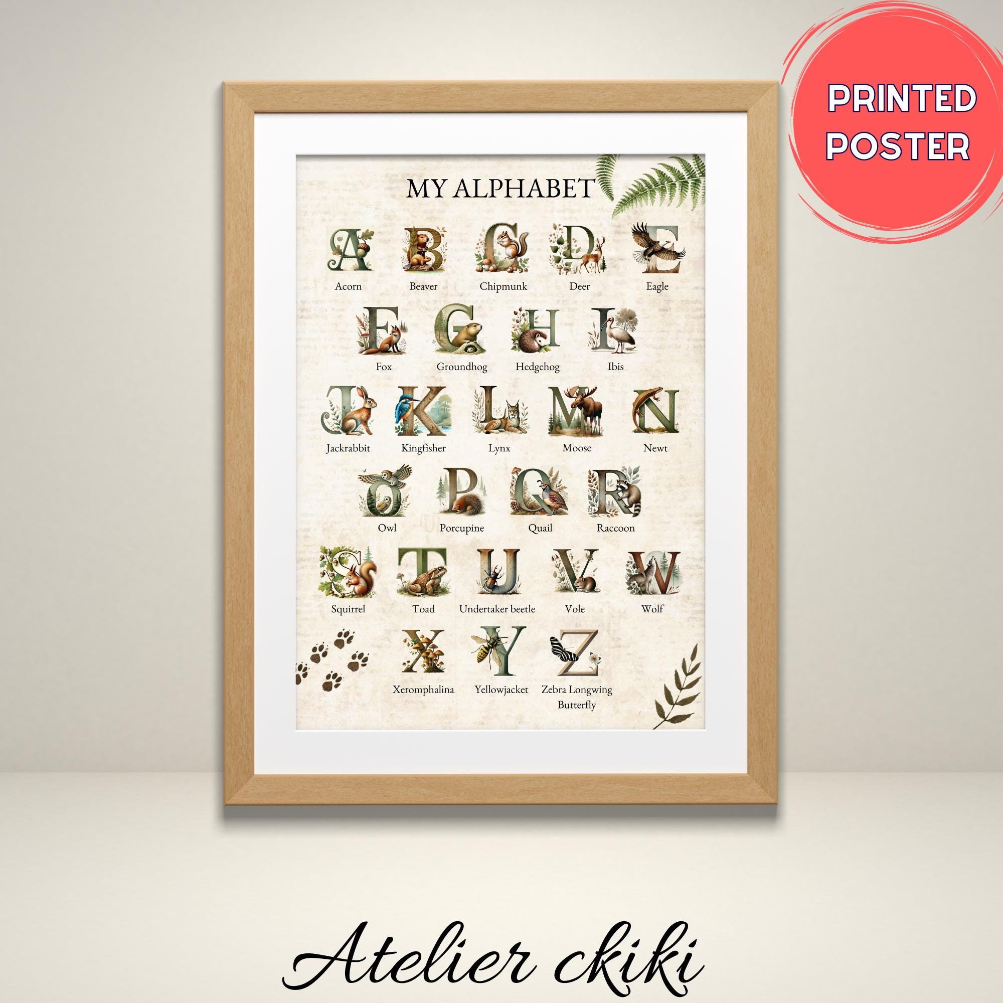 Printed Woodland Alphabet Poster, Educational Wall Art Print, Nature ...