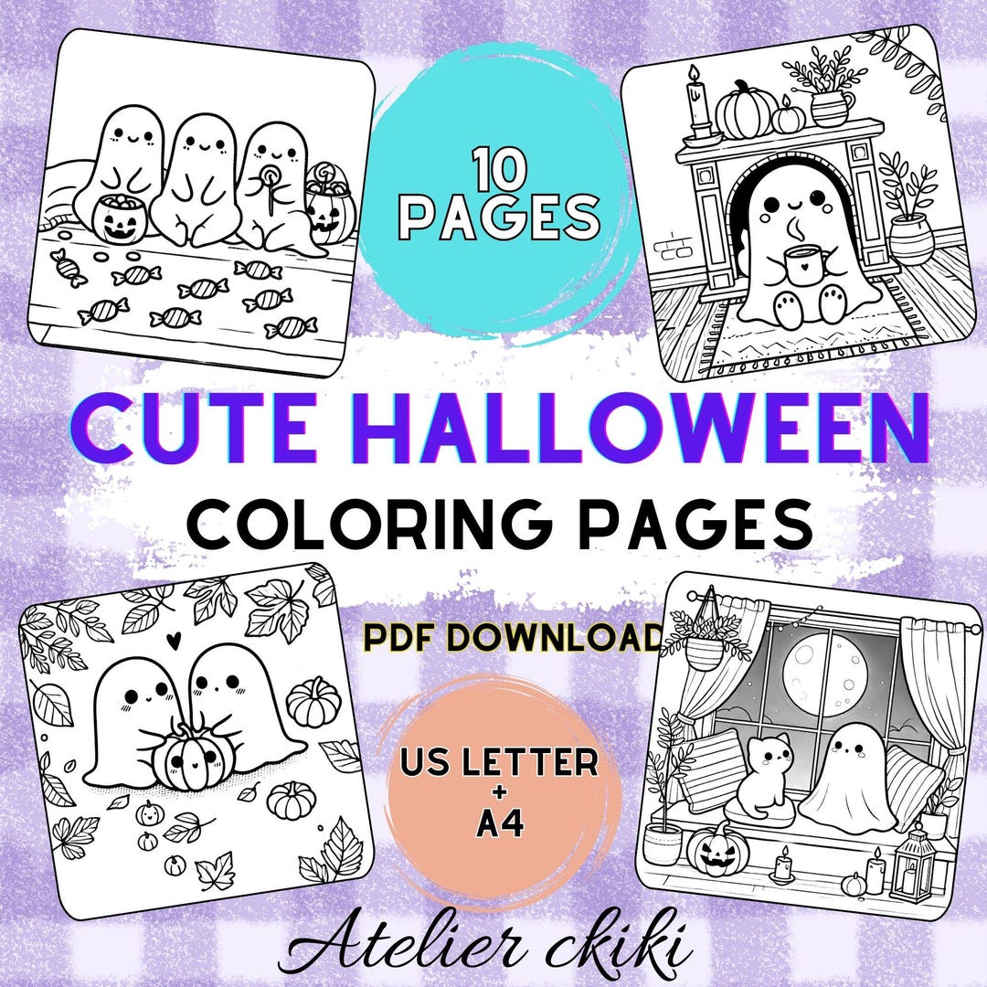 Cute Ghost Halloween Coloring Pages, Cozy Fall Hygge Printables ...