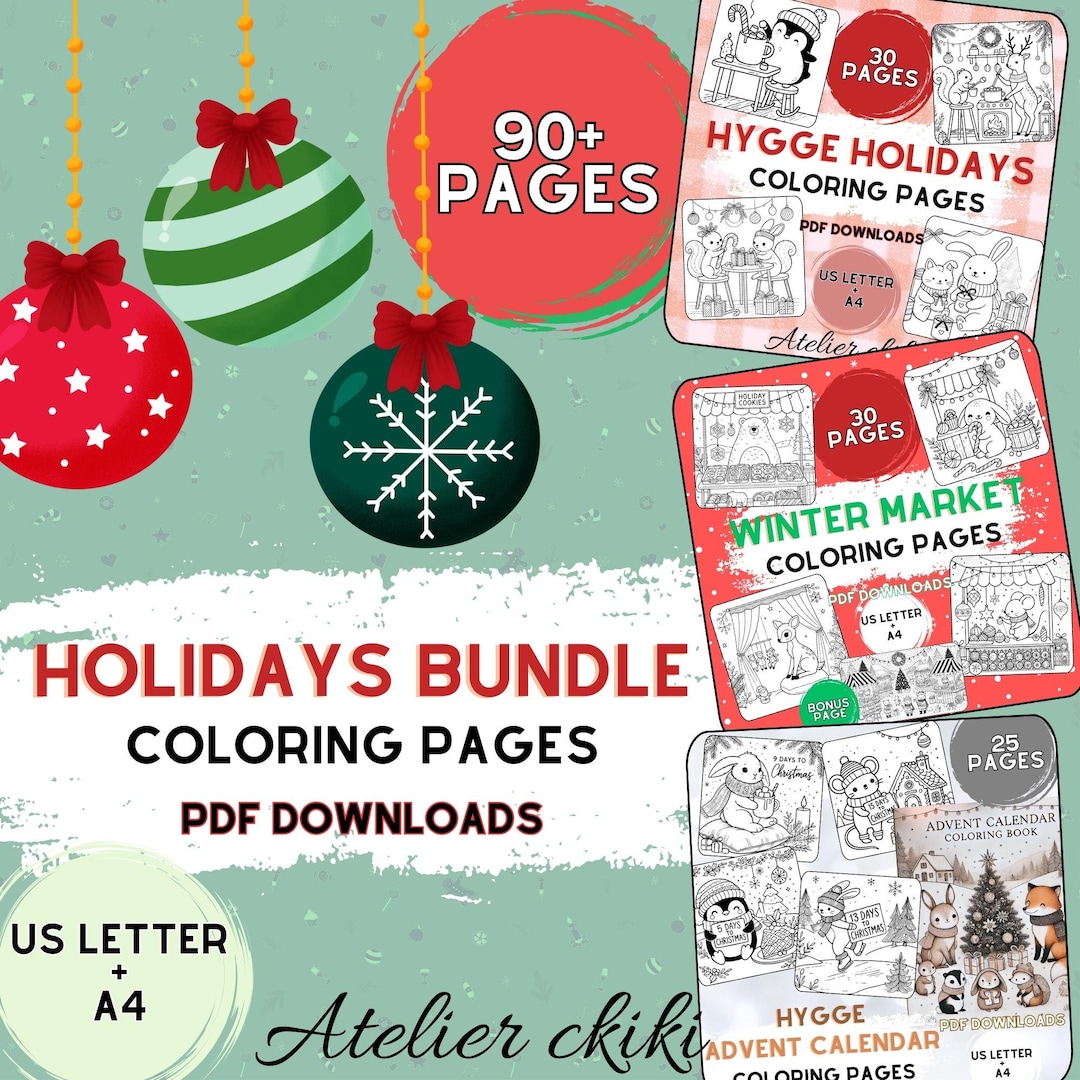 Cozy Hygge Holiday Coloring Pages Bundle | Winter Market and Advent ...