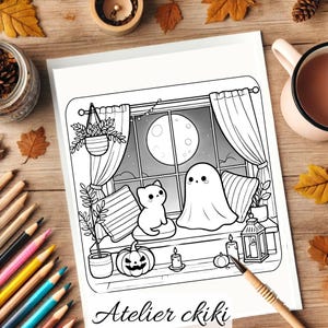 Cute Ghost Halloween Coloring Pages, Cozy Fall Hygge Printables ...