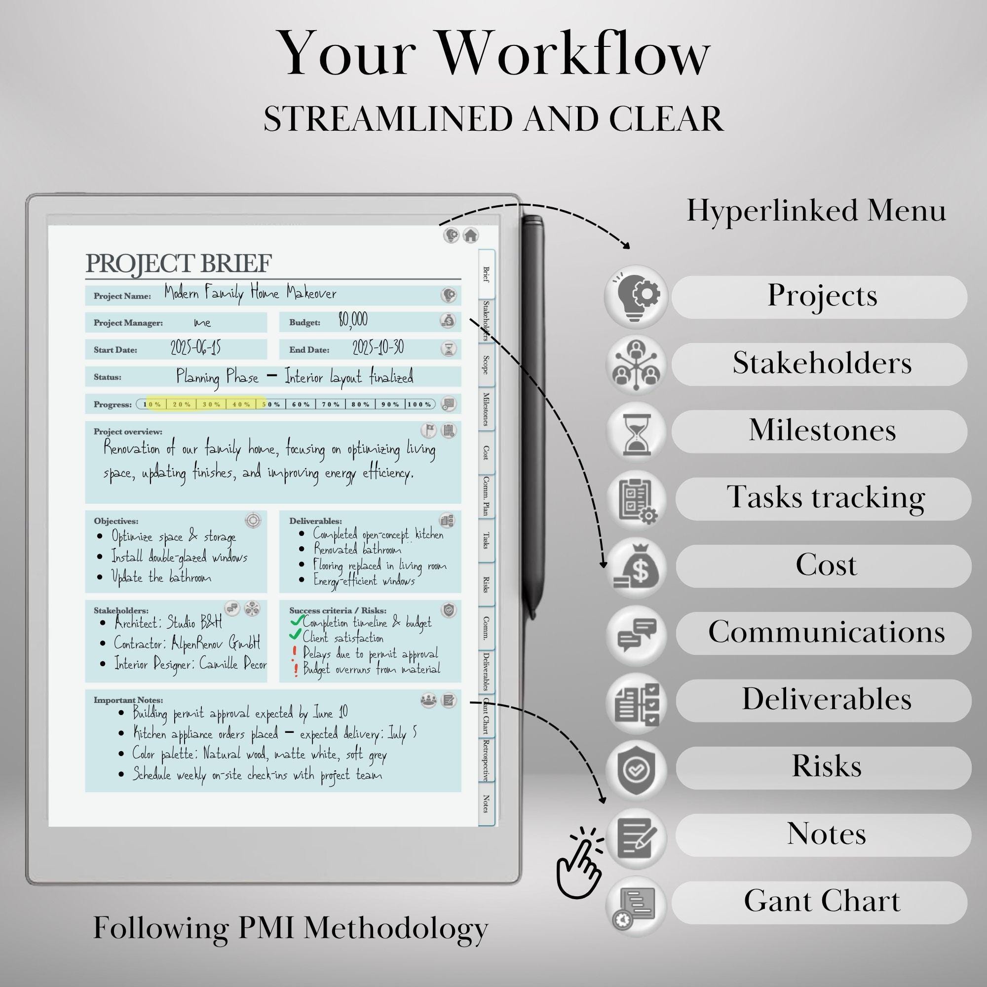 Project Management Template for Remarkable Paper Pro & 2 Hyperlinked ...