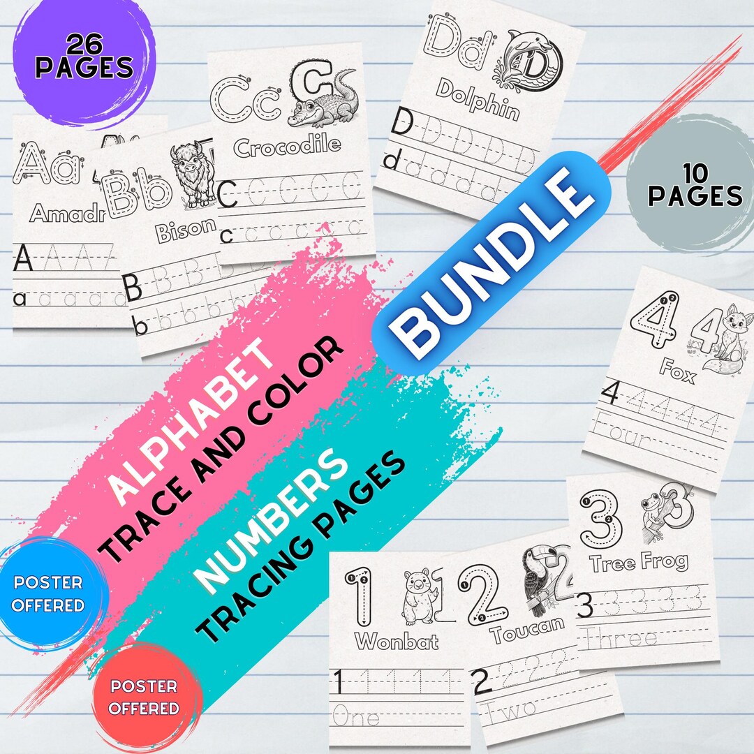 Alphabet and Number Writing Practice Bundle, ABC & 123 Tracing, Animal ...
