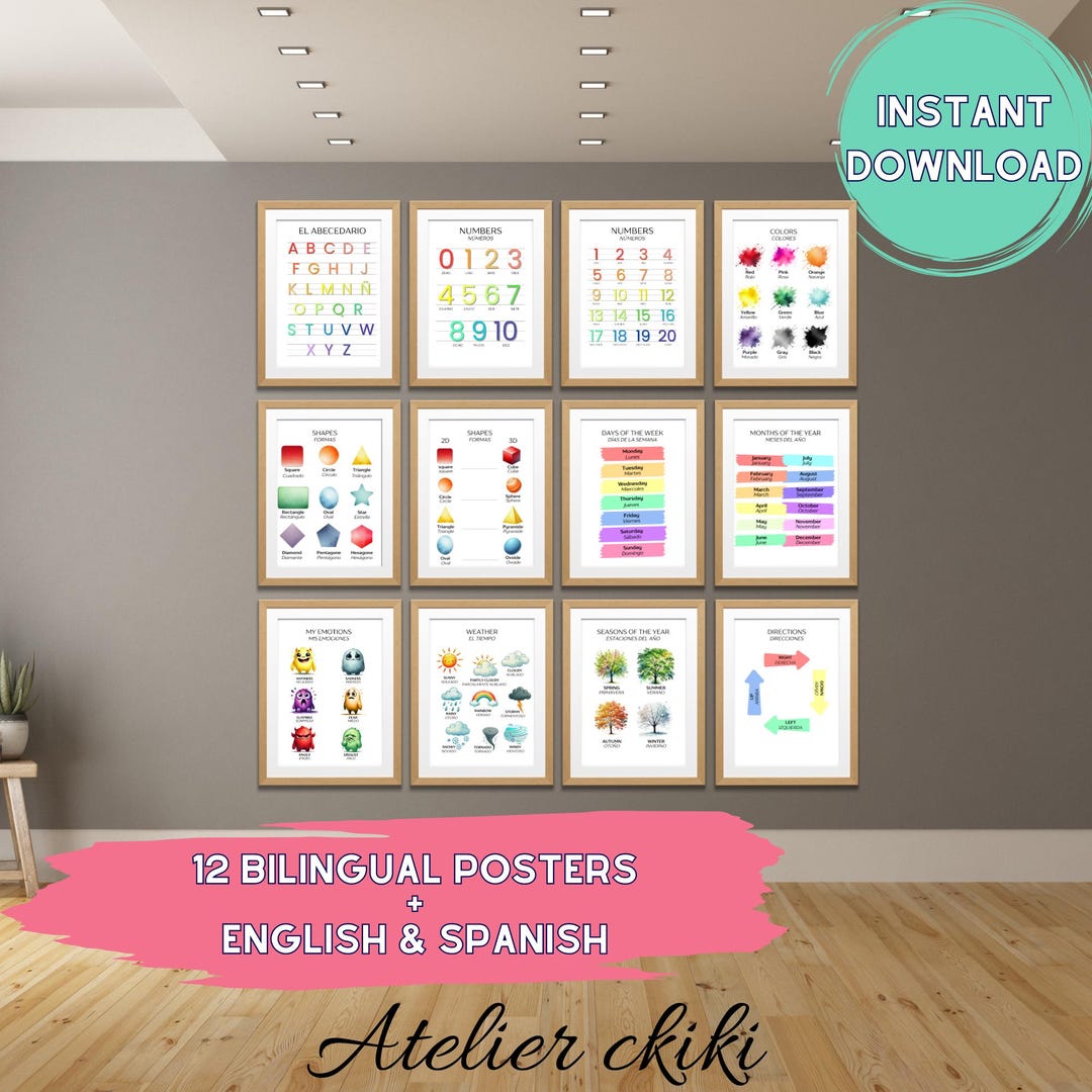 12 Bilingual English Spanish Educational Posters, Spanish Learning ...