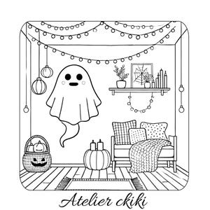 Cute Ghost Halloween Coloring Pages, Cozy Fall Hygge Printables ...