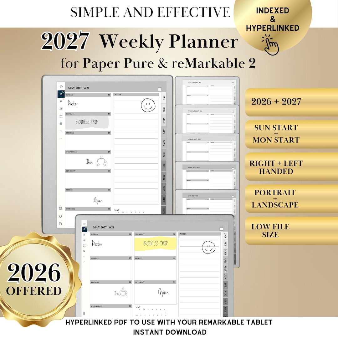 2027 Weekly Calendar for Paper Pure & Remarkable 2 — Hyperlinked ...