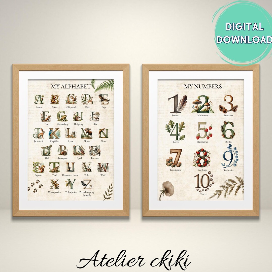 Woodland Alphabet and Numbers Poster, Printable Educational Wall Art ...