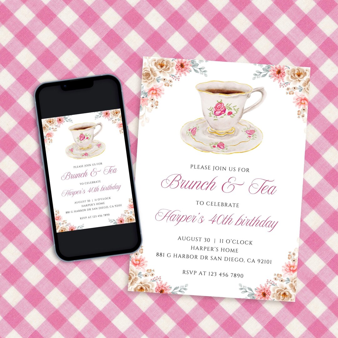 Brunch and Tea Birthday Invitation, Editable Tea Party Birthday ...