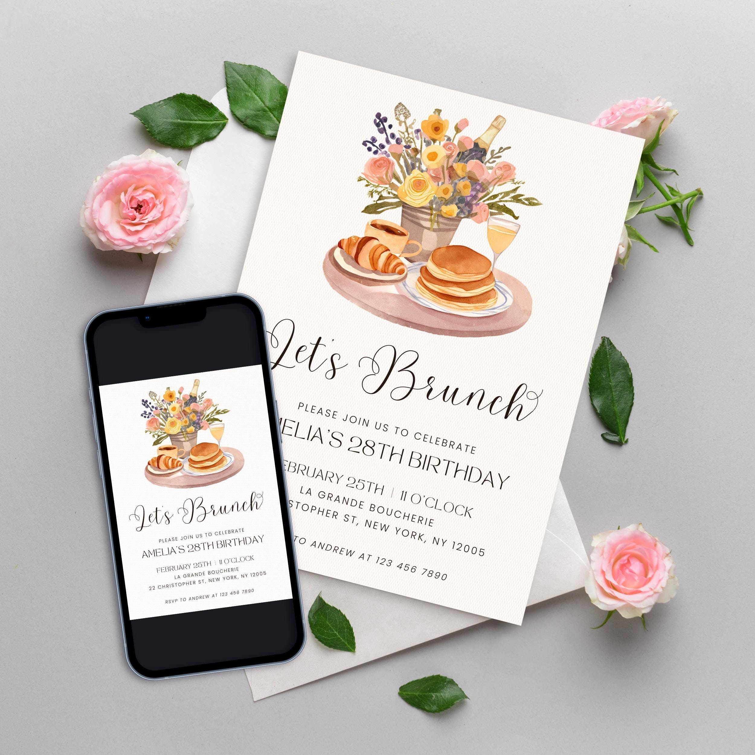 Modern Let's Brunch Invitation, Elegant Birthday Brunch Invitation, Let ...