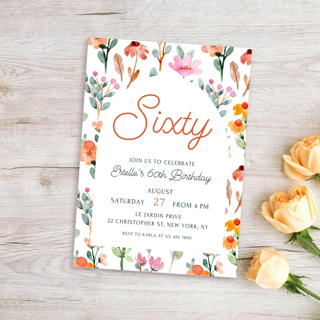 Editable 60th Birthday Invitation, Wildflower Invite, Sixty Birthday ...
