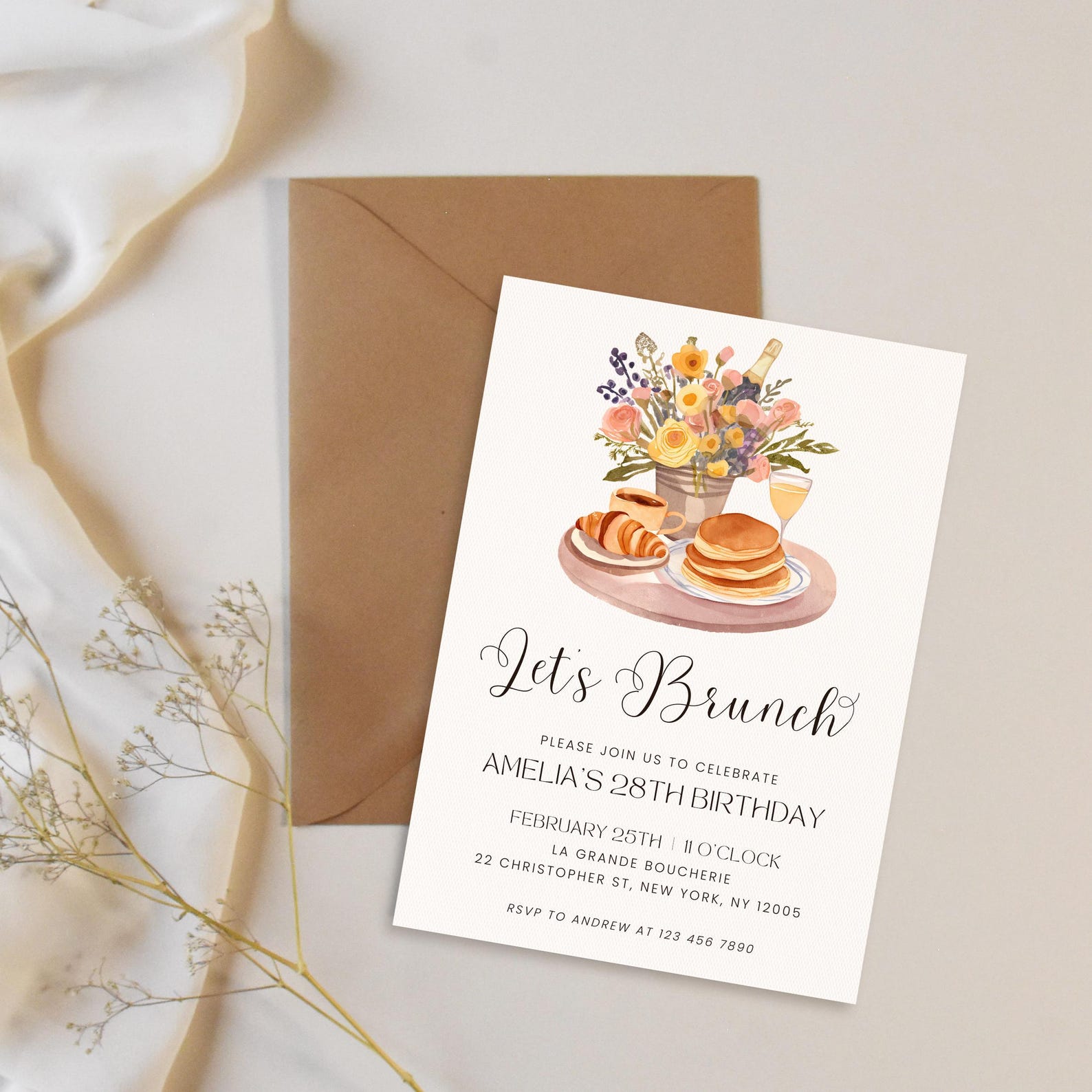 Modern Let's Brunch Invitation, Elegant Birthday Brunch Invitation, Let ...