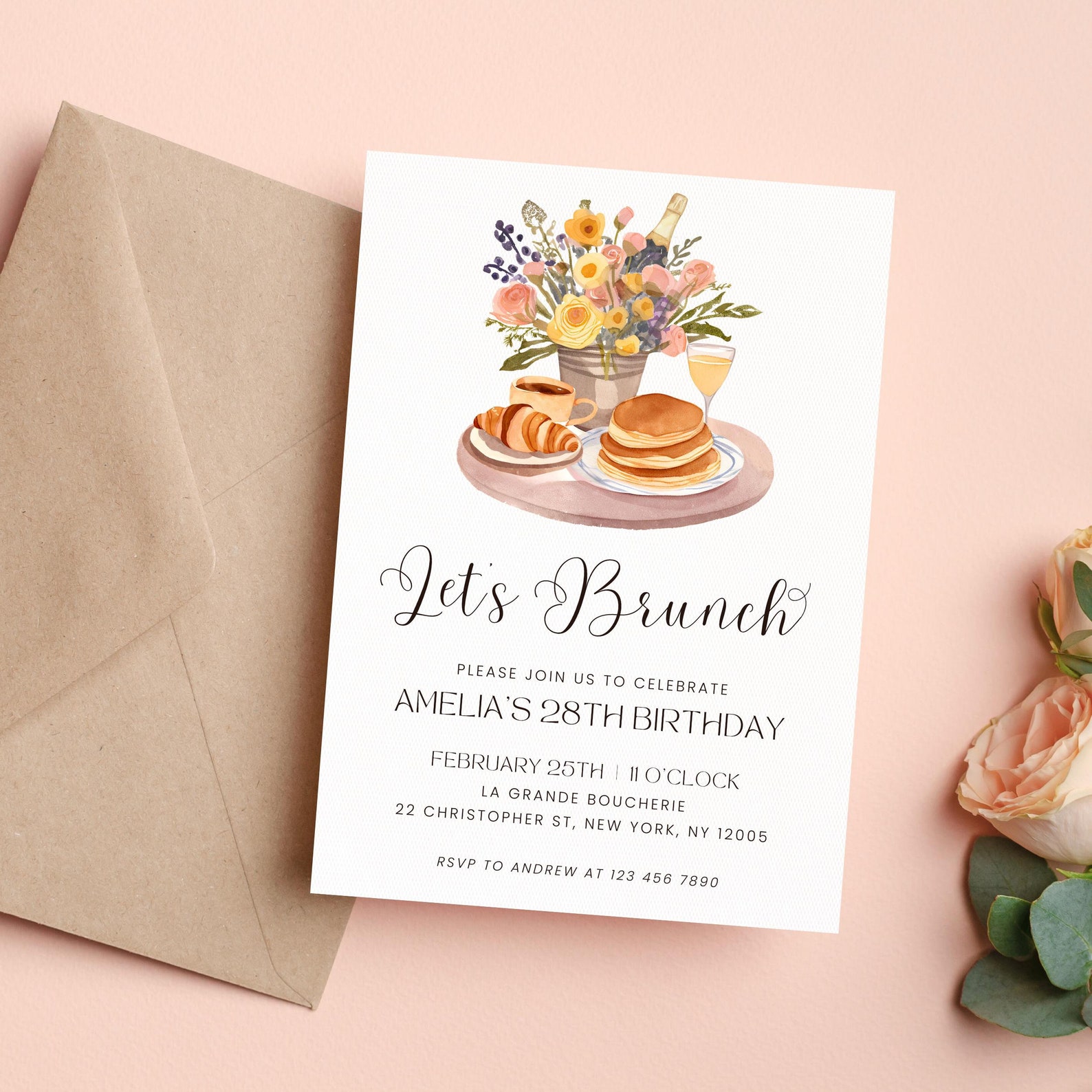 Modern Let's Brunch Invitation, Elegant Birthday Brunch Invitation, Let ...