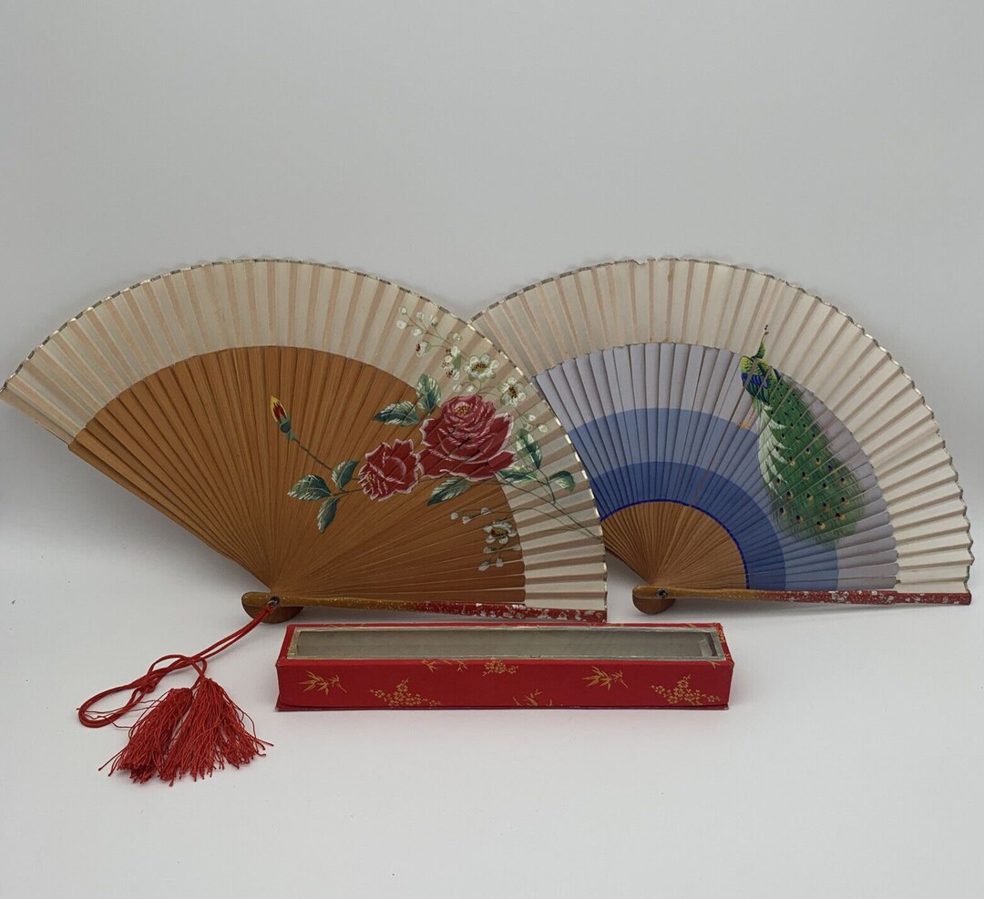 Vintage 2 Handheld Folding Fans Hand Painted Wooden Fans 13in One W ...