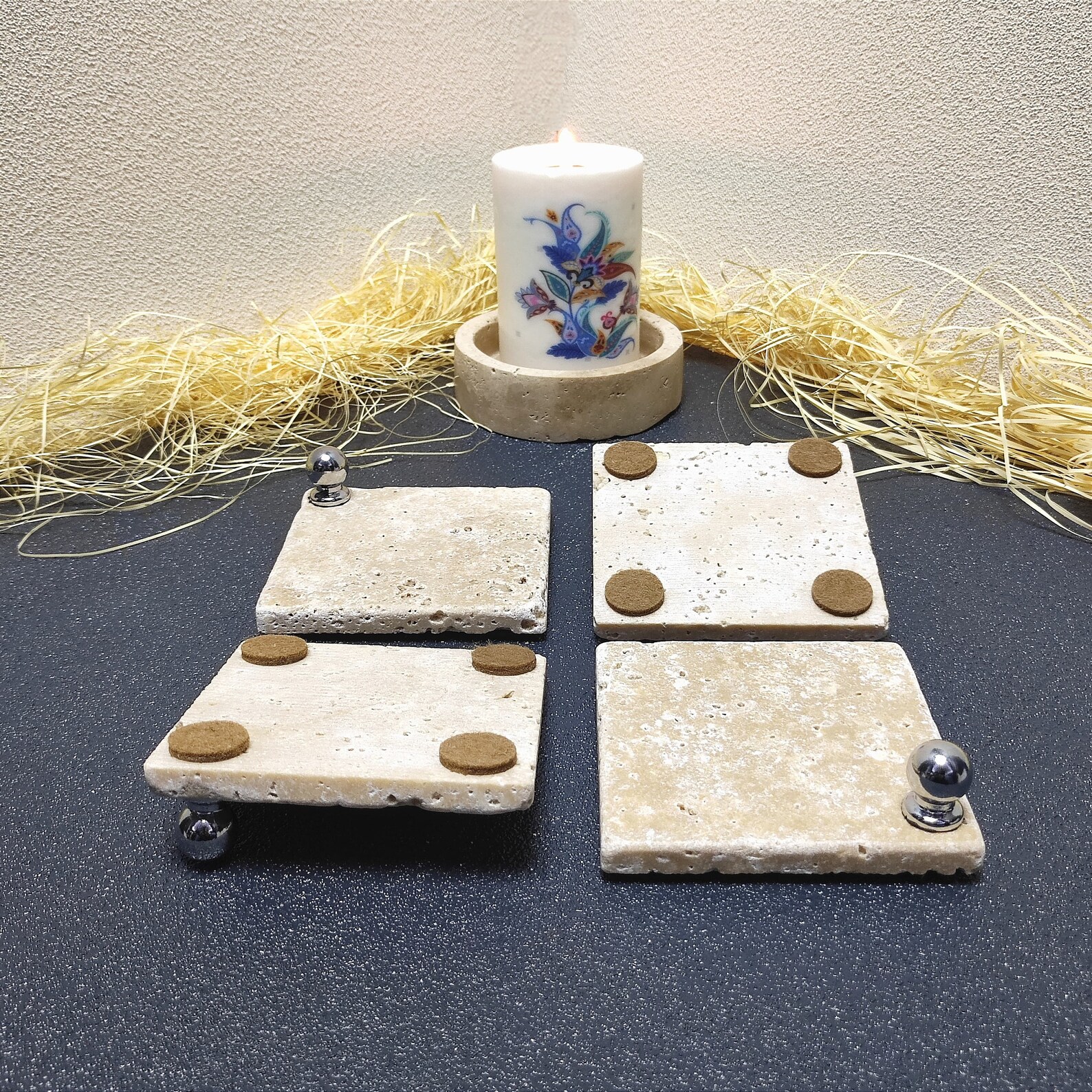 Travertine Coaster Tumbled Set of 4, Silver Ball Accessory, Stone ...