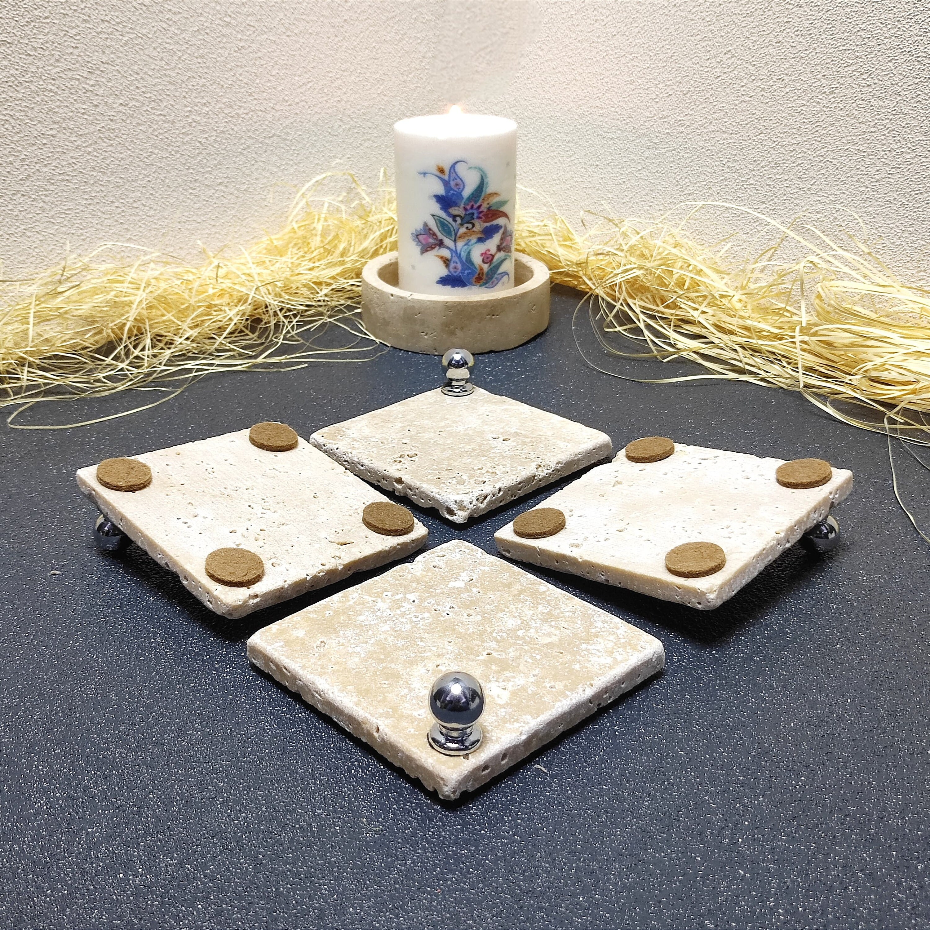 Travertine Coaster Tumbled Set of 4, Silver Ball Accessory, Stone ...