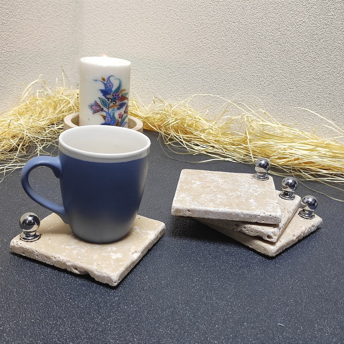 Travertine Coaster Tumbled Set of 4, Silver Ball Accessory, Stone ...