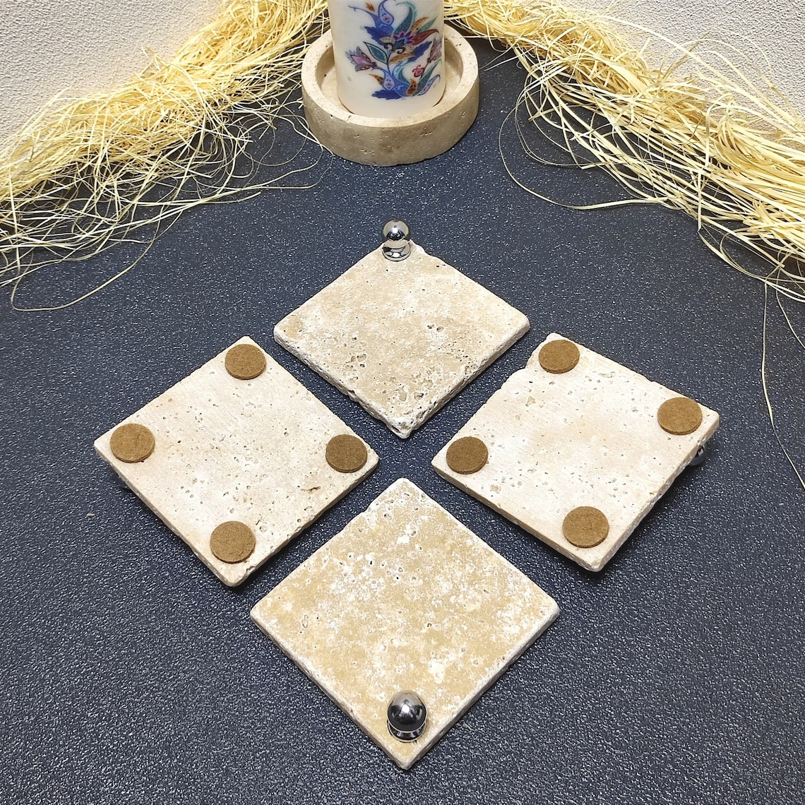 Travertine Coaster Tumbled Set of 4, Silver Ball Accessory, Stone ...