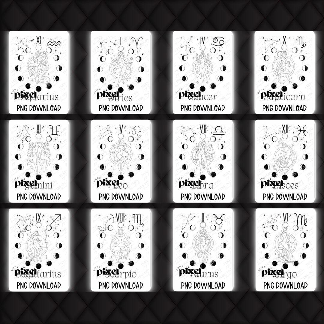 Zodiac Moon Phase PNG Bundle | Astrology Digital Download | 12 Zodiac ...