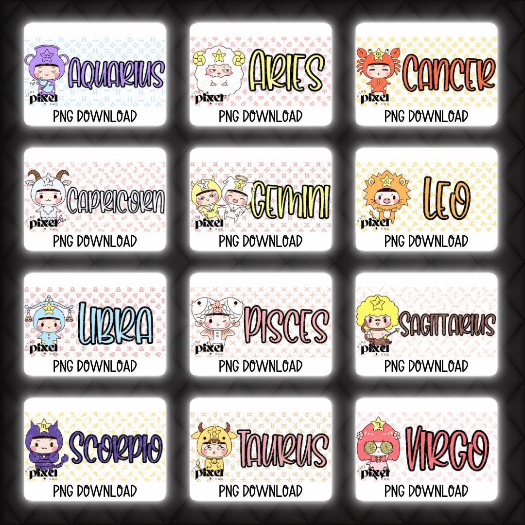 Zodiac Bundle Digital Download | 12 PNG Files | Cute Zodiac Signs ...
