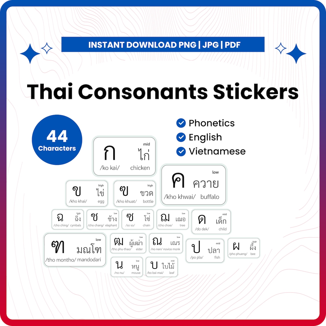 Thai Alphabet 44 Consonants Digital Stickers, Printable Downloadable ...
