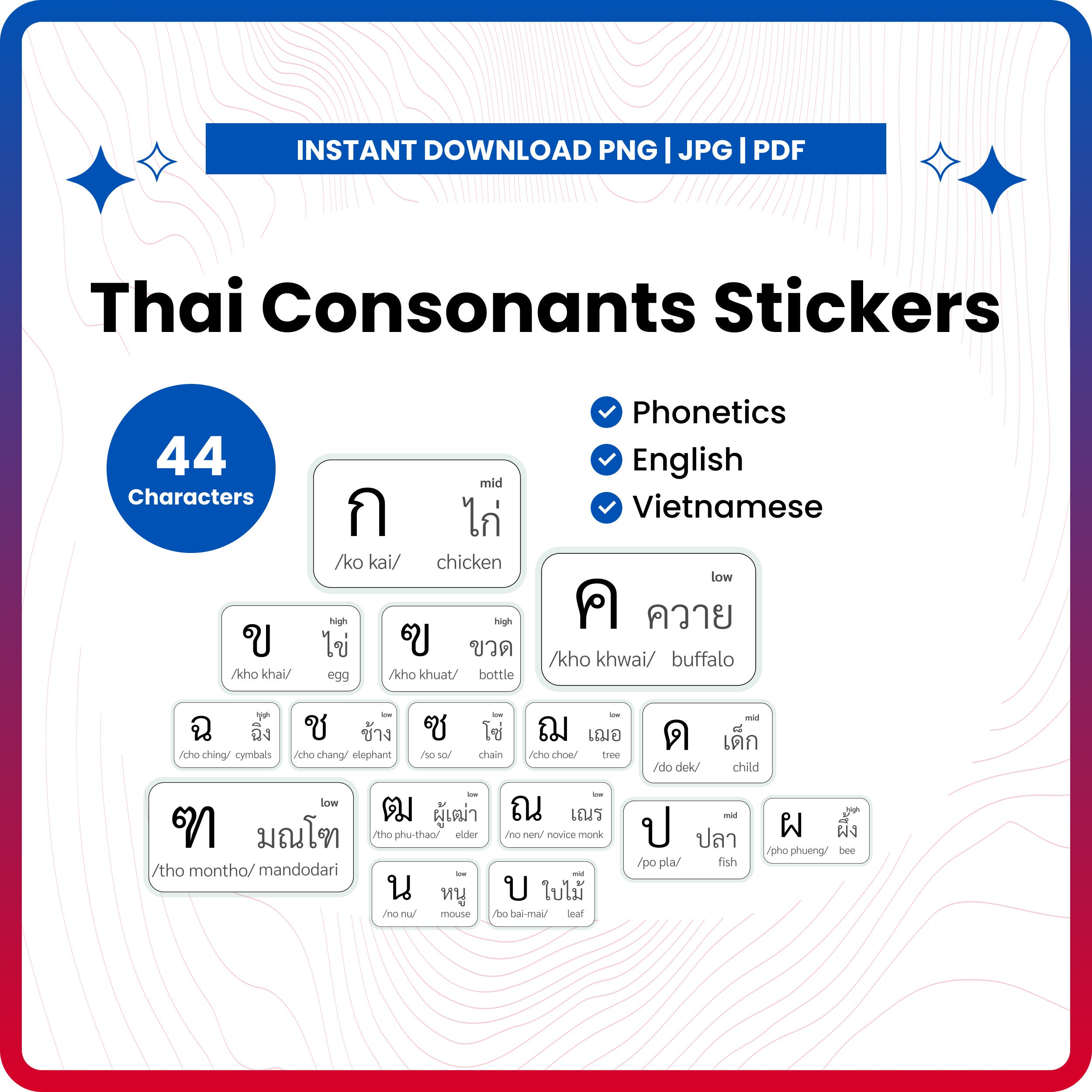 Thai Alphabet 44 Consonants Digital Stickers, Printable Downloadable ...