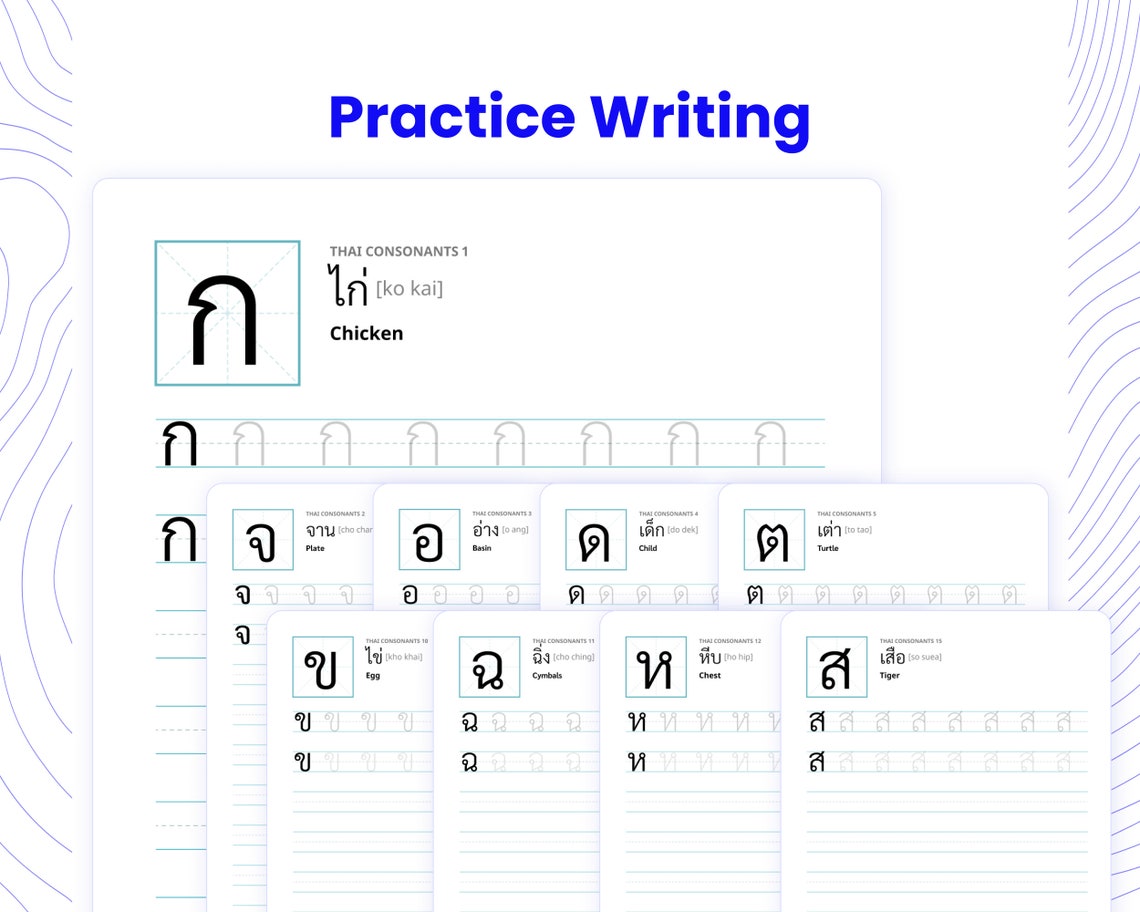 42 Thai Consonants - Writing Worksheet for Beginners, Thailand Language ...