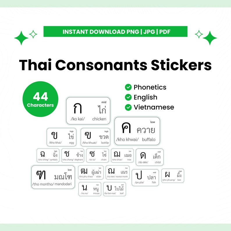 Thai Alphabet 44 Consonants Digital Stickers, Printable Downloadable ...