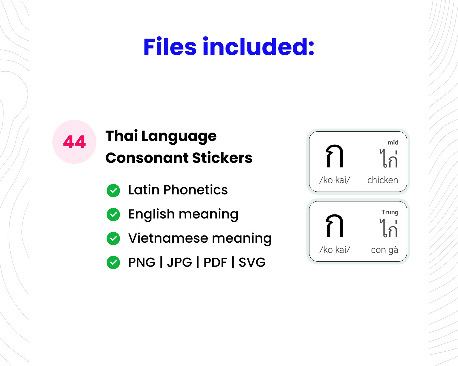 Thai Alphabet 44 Consonants Digital Stickers, Printable Downloadable ...