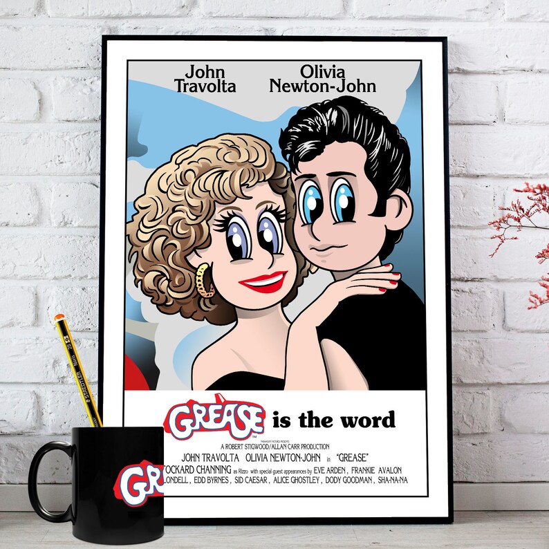 GREASE, Olivia Newton-john, John Travolta, Movie Poster, Cartoon ...