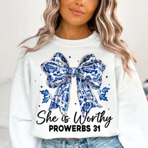 She is Worthy Bow Png, Women's Christian Png,blue Floral Bow Cross ...