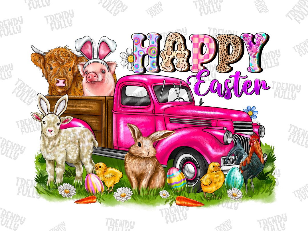 Happy Easter Truck With Farm Animals Png Sublimation Design Download ...