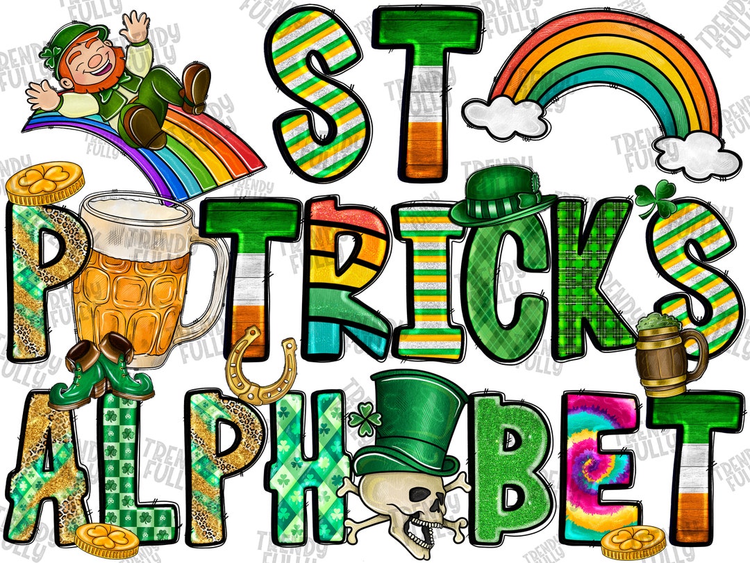 St. Patrick's Day Doodle Alphabet Bundle, Lucky PNG Letters, Shamrock ...